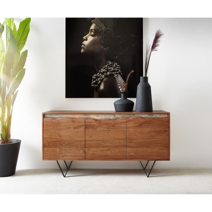 Commode Stonegrace Acacia marron bord d'arbre 150 cm 3 portes pied en V ...