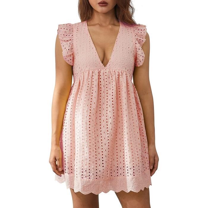 Dames Vintage Robe Femmes Dentelle Robes D'Été Courtes Col en V Casual ...