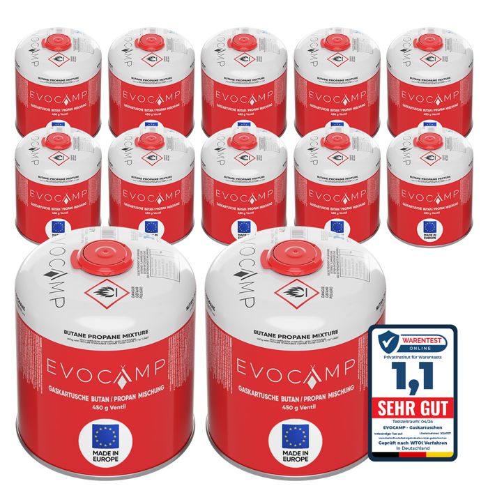 EVOCAMP 12X cartouche de gaz propane butane 450g, cartouche à vis avec filetage européen 7/16 ...