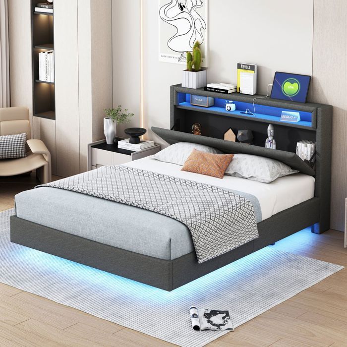 Lit capitonné 140x200, LED multicolore,lit double, tête de lit ...