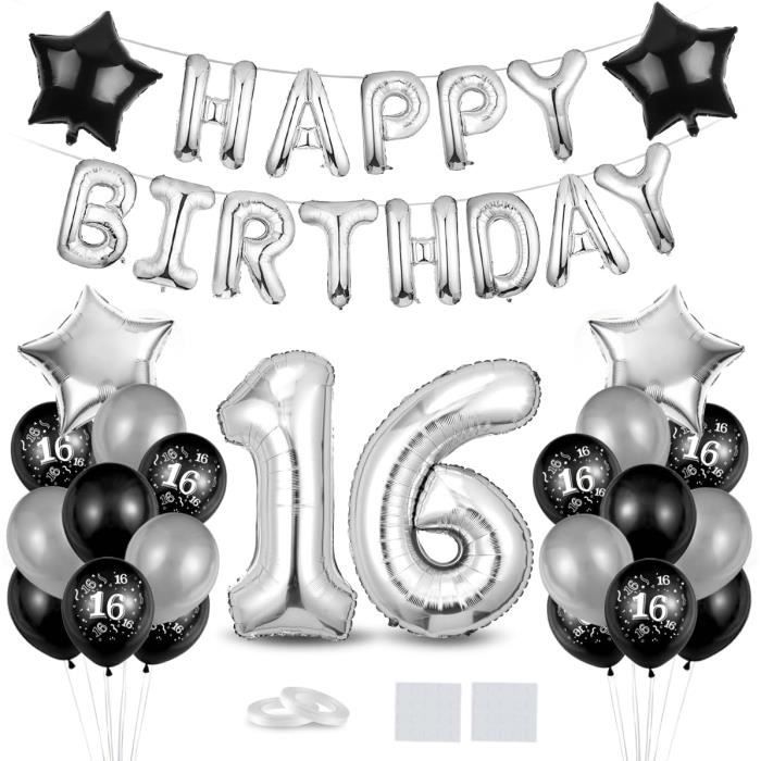 Ballon 16 Ans Noir Et Argenté, 16 Ans Anniversaire Decoration Argenté ...