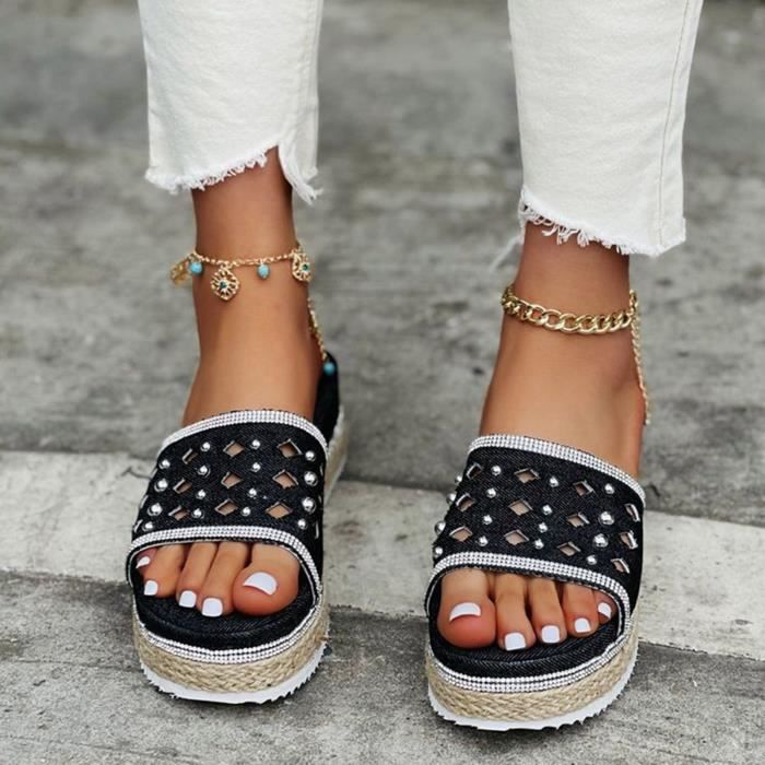 Femmes PANTOUFLE Mode talon bas épais talon strass Denim Rivets Flip ...