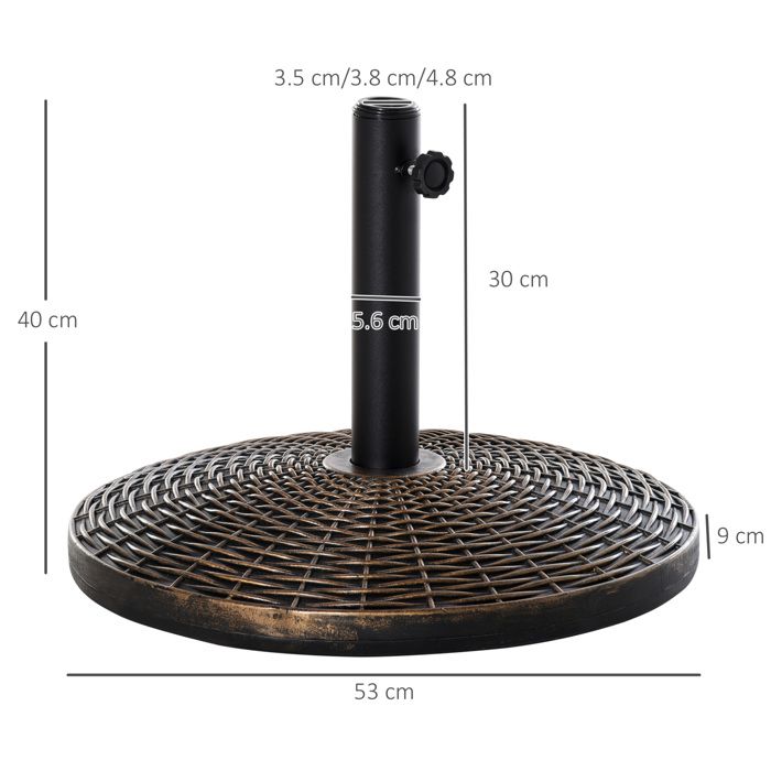 Pied de parasol 25 kg aspect rotin bronze antique, base ronde HDPE Ø53 ...