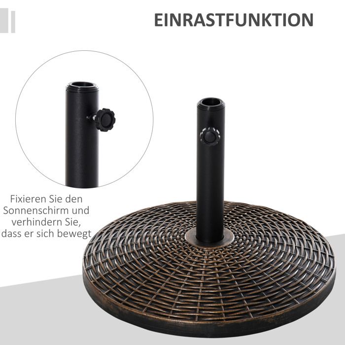 Pied de parasol 25 kg aspect rotin bronze antique, base ronde HDPE Ø53 ...