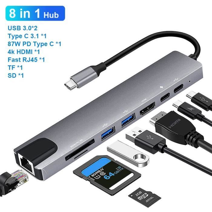 Modèle RJ45 8 en 1 - Hub USB C Type C 3.1 à 4K HDMI, adaptateur avec Ethernet RJ45, lecteur de ...