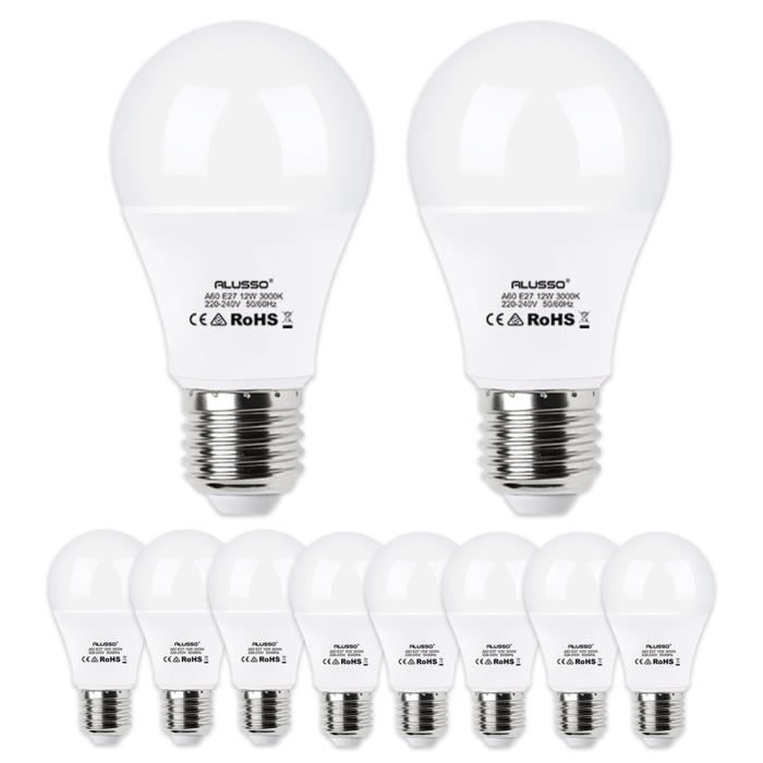 10 Ampoules Led Alusso Lighting E27 A60 12w Blanc Froid 6000k Haute