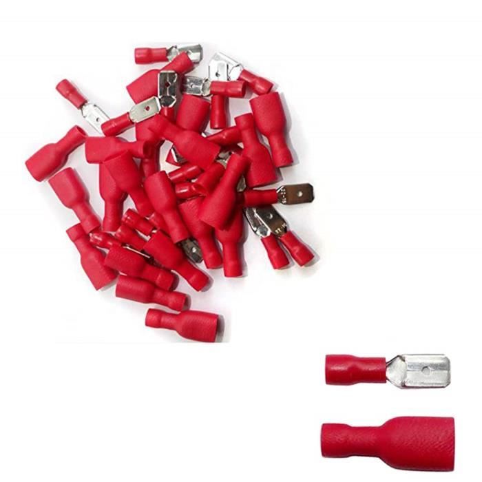 100x Cosse Electrique Plate 6.3 mm Rouge - 50x Male et 50x Femelles (Pour fils jusqu'à 0.4mm to ...