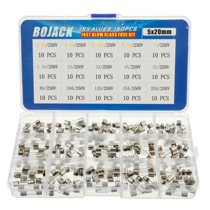 15 Valeurs 150 pièces Kit d'assortiment de fusibles en verre à fusion rapide 5x20mm 250V 0.1 0.2 ...