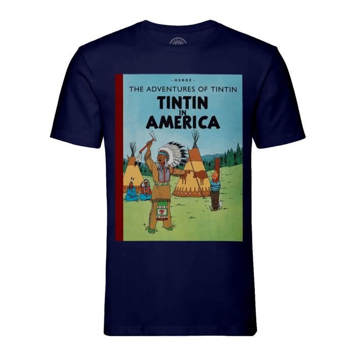 T-shirt Homme Col Rond Bleu Tintin In America Couverture BD Herge ...