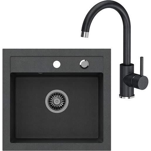 Évier de cuisine en granit - TRAHOO - 50x47 cm - Avec robinet Ania noir ...