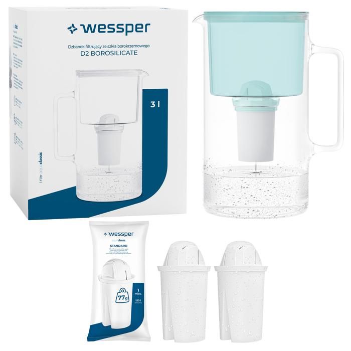 Wessper D2 BOROSILICATE l carafe filtrante à eau avec 3 filtres, menthe ...