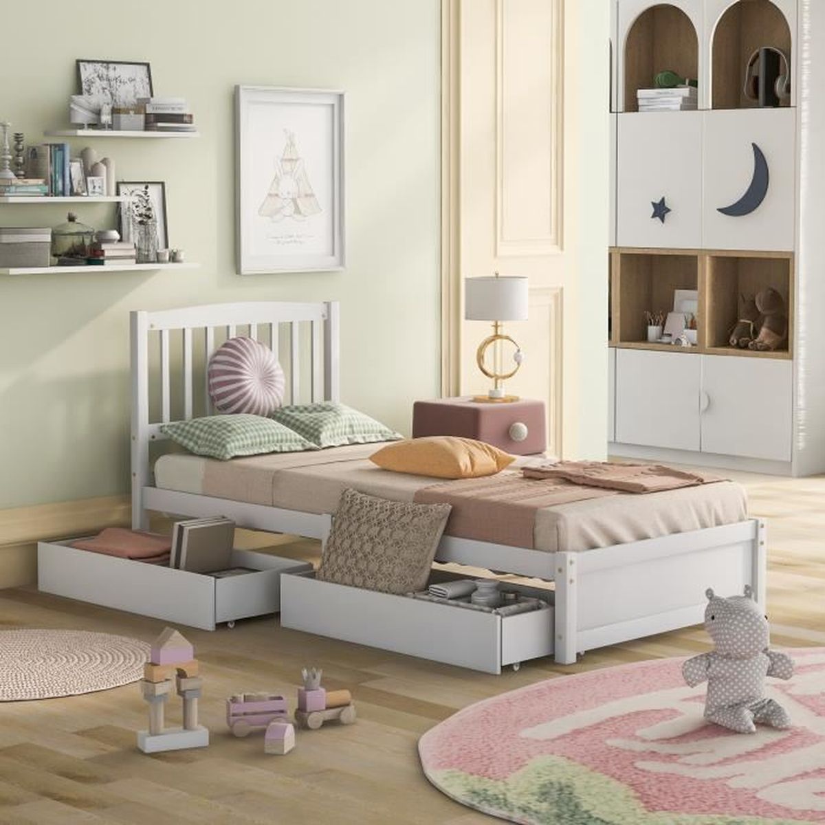 Lit simple enfant ou adulte 90 x 200 cm Blanc en bois MDF avec 2 ...