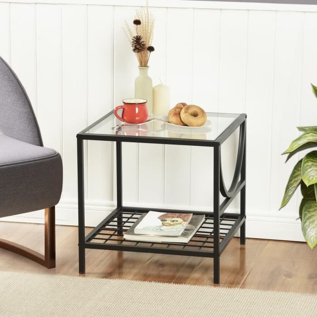 MEUBLES COSY Table Basse Carré,Table d'appoint,Bout de Canapé,Plateau en Verre,Tubes et étagère ...