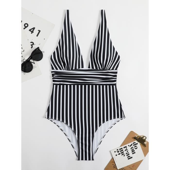 Maillot de bain pièce rayé col V - gaomin™ - Noir Noir - Cdiscount Prêt ...