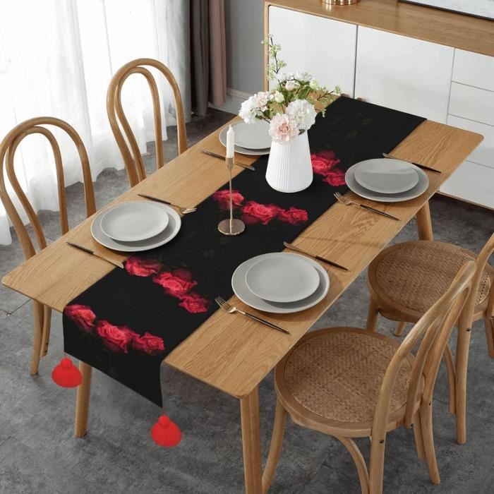 Chemin De Table Imprimé Rose Rouge Et Feuilles Noires, Chemin De Table ...