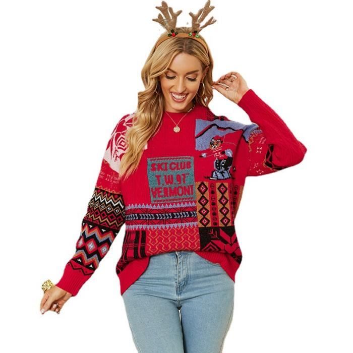 Pull Femme Noël en Tricot Manches Longues Col Arrondi Rouge - Cdiscount ...