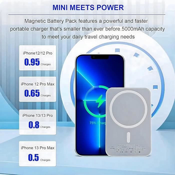 Batterie Externe sans Fil Magnétique - Batterie Externe Induction Mag-Safe - LED Indicateur de ...