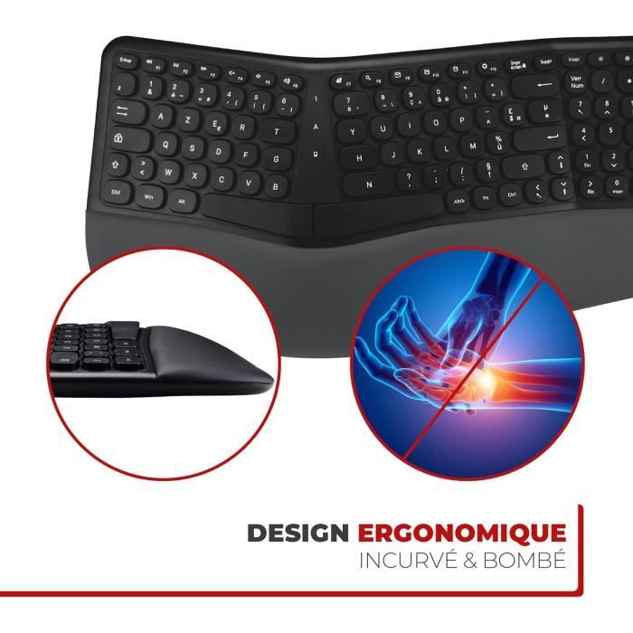 Clavier Ergonomique Sans-Fil, Récepteur 2.4 Ghz, Repose Poignet Intégré ...