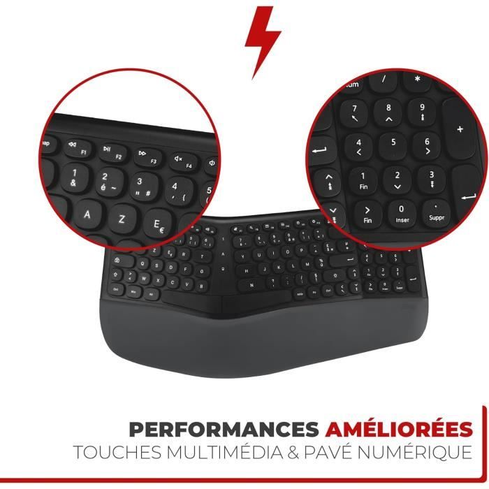 Clavier Ergonomique Sans-Fil, Récepteur 2.4 Ghz, Repose Poignet Intégré ...