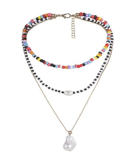 Collier Femme Plaqu Or Multirang Perles Multicolores Collier 3 Rangs ...