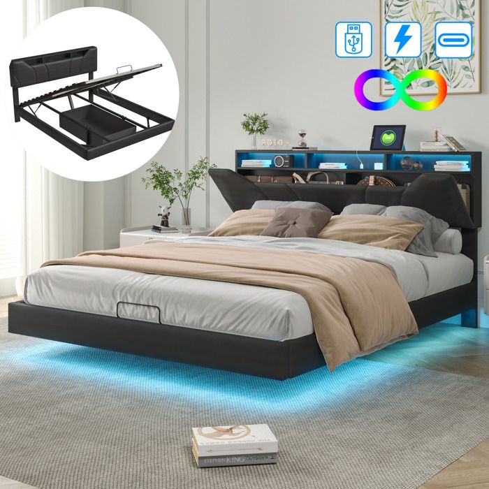 Lit Flottant - LUMINARIX - 140x200 cm - LED intégrée - Tête de lit avec ...