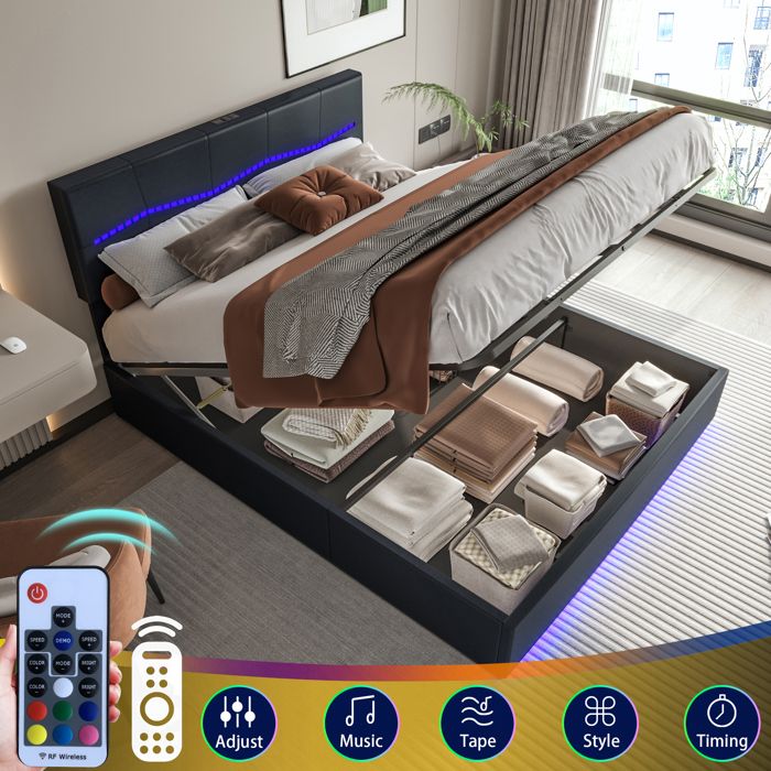 Lit double noir-GARHELPER-bois massif + PU, bande lumineuse LED pouvant ...