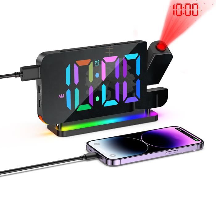 Réveil à projection de Miroir LED, Lumière RVB, 11 couleurs, 6 niveaux ...