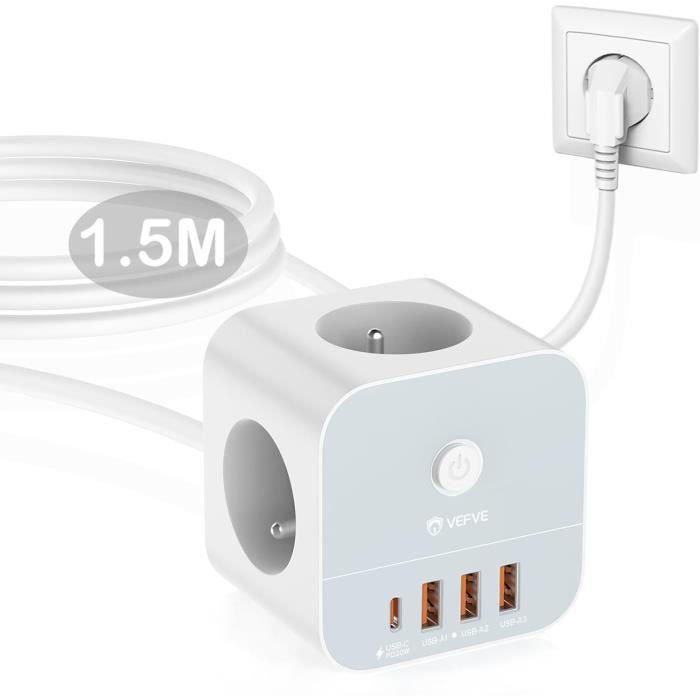Rallonge Multiprise Avec Usb-C,Cube Prise Multiple Avec Interrupteur,3 Prises Et 4 Ports Usb ...