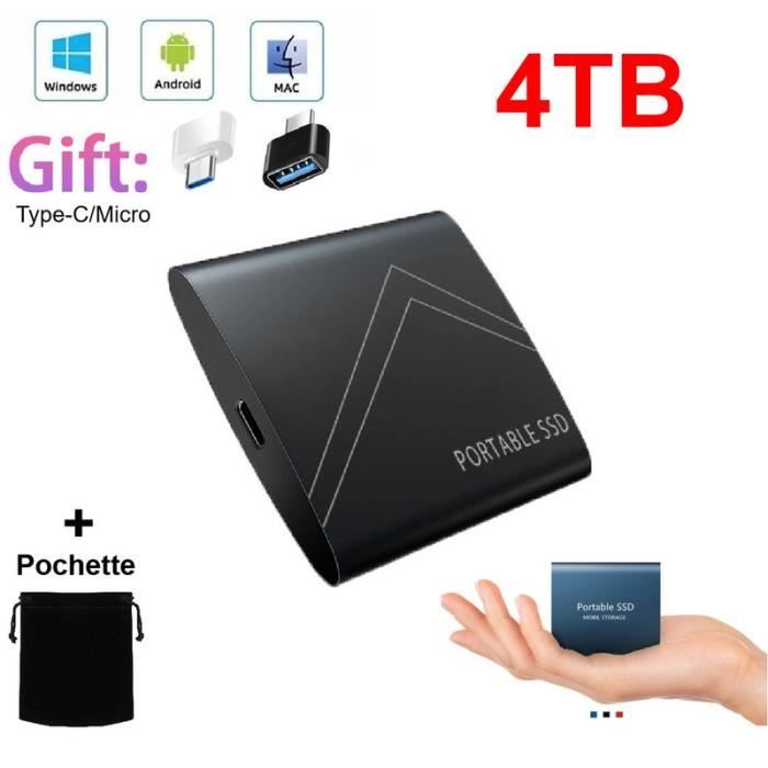Disque Dur Externe Portable SSD HDD 4TB 4To Noir avec OTG Type-C Micro ...