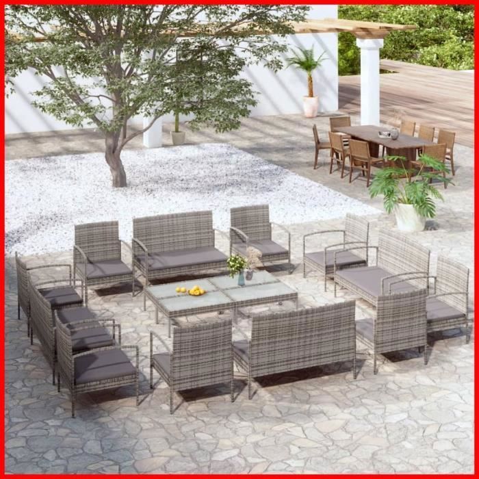 DXBK Salon de jardin 16 pcs avec coussins Résine tressée Gris 3095968 ...