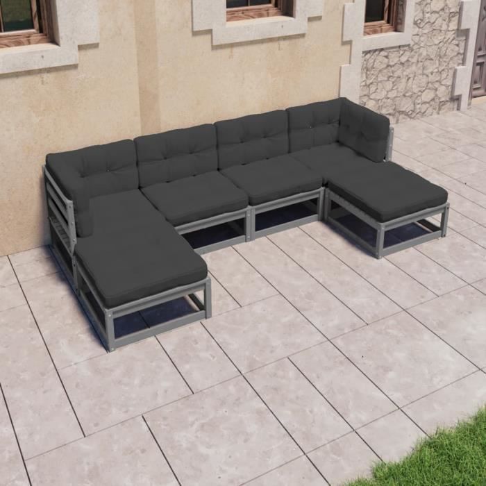 MOO Salon de jardin 6 pcs avec coussins Gris Bois de pin massif ...