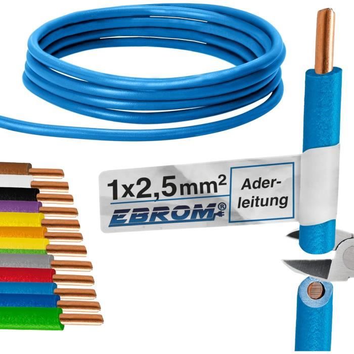 H07V-U-Câble Conducteur Rigide-Gaine En Pvc-2,5 Mm²-Couleur : Bleu Clair-10 M,15 M,20 M,25 M,30 ...
