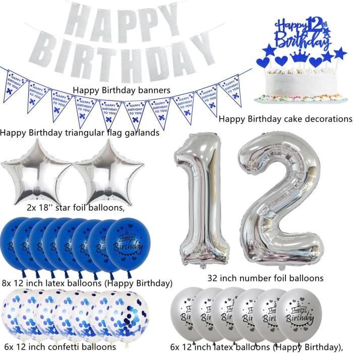 Décoration 12 Ans Anniversaire Garcon Fille Décoration Argent Bleu ...