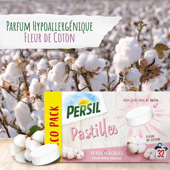 Lessive en Pastilles Peaux sensibles,96 lavages,parfum fleur de coton ...