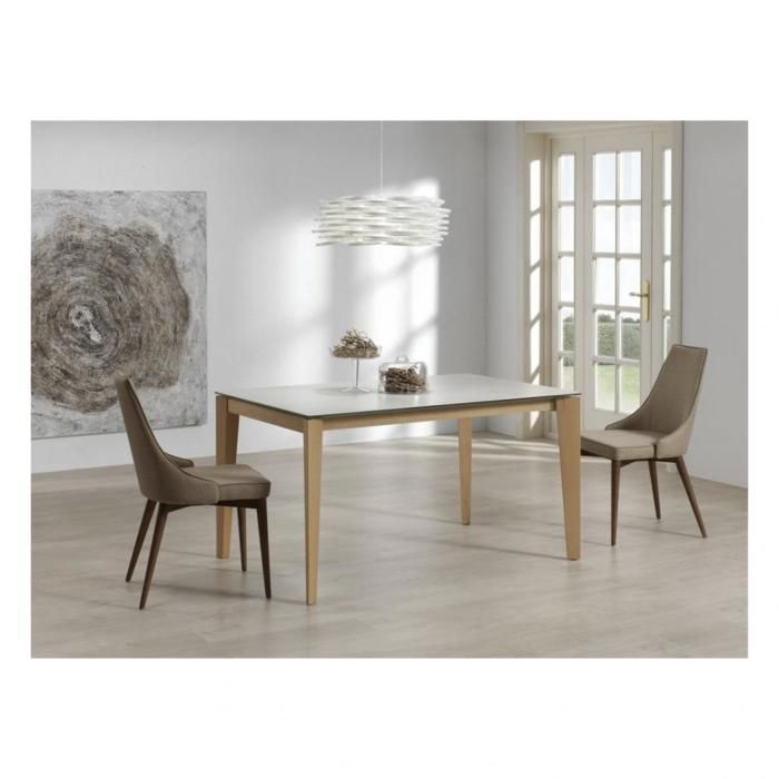 Table repas GEO 4 couverts 140 x 90 x 76 cm pieds chêne plateau verre ...