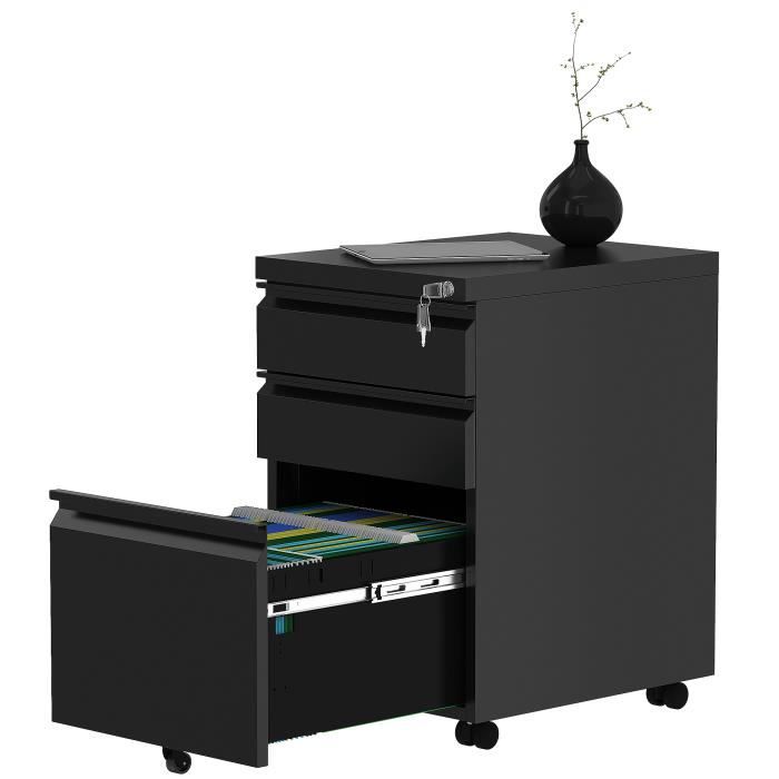 Caisson de Bureau Mobile en Acier - DWVO - 3 Tiroirs et Serrure - Noir ...