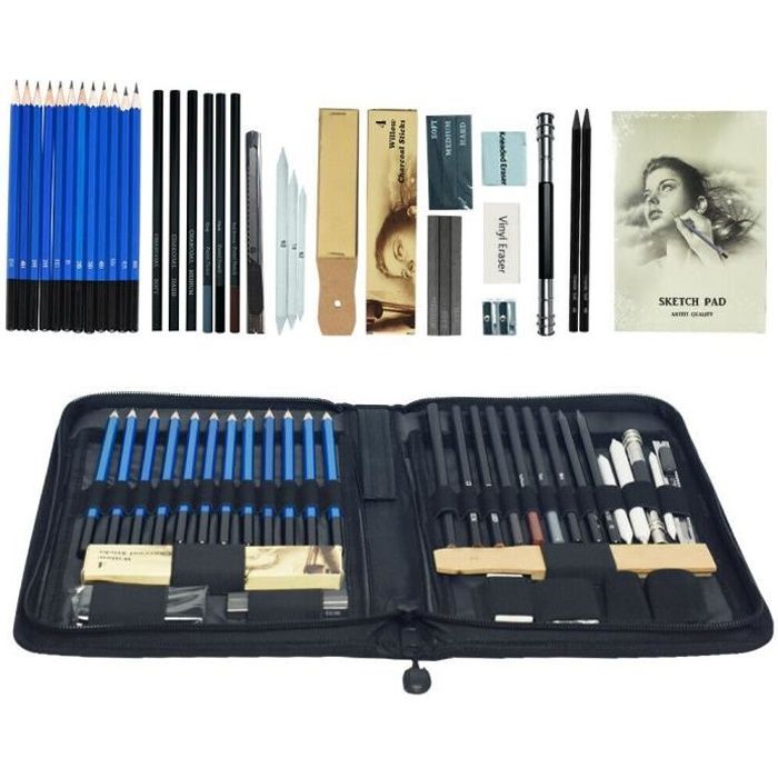 42pcs Kit Crayons de Dessin + Esquisse Crayons Graphite Crayons Fusain Outils & Gomme Carnet à ...