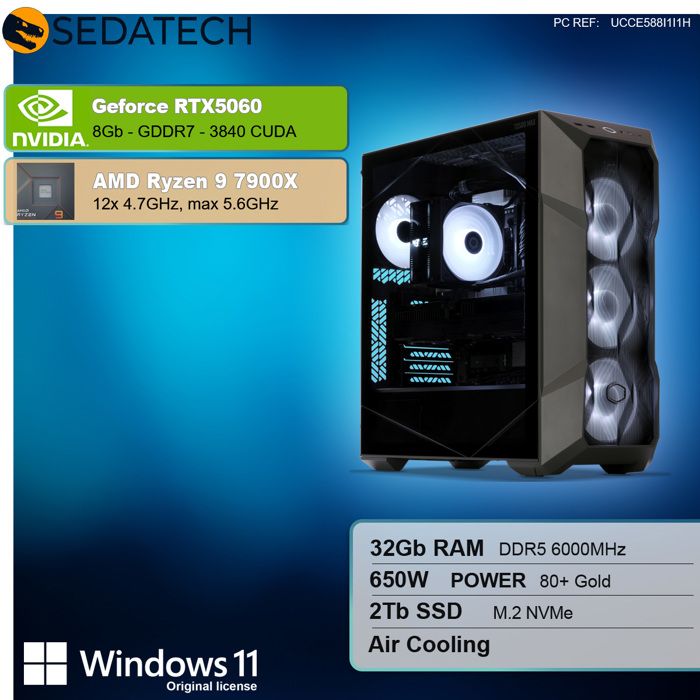 Sedatech PC Gamer Advanced ATX Premium • AMD Ryzen 9 7900X • RTX5060 • 32Go DDR5 • 2To SSD M.2 ...