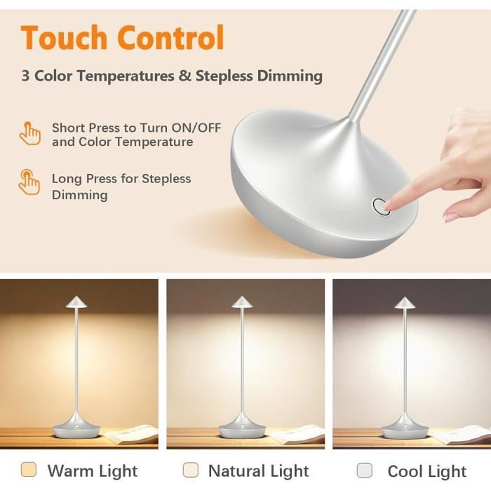 Lampe De Table Sans Fil Rechargeable Led, Lumiere Bureau Tactile Exterieur 6000Mah, Lampe A ...