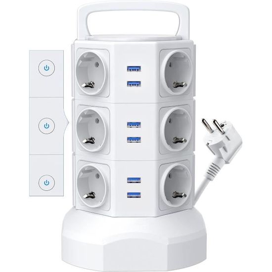 Tour Multiprise avec Câble Rétractable de 2m, 12 Prises 6 USB (16 A ...