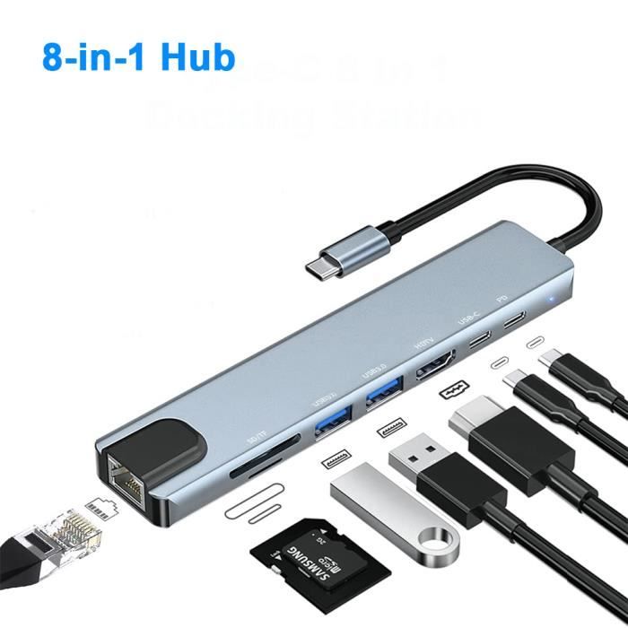 8 en 1 - USB Type C HUB À 2 HDMI Double Moniteur avec Gigabit RJ45 HUB USB PD 3.5mm SD-TF USB C ...