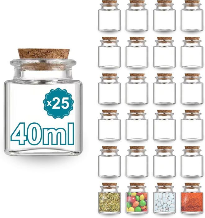 25 Pots en Verre Carrés 40 ml avec Bouchon en Liège : Parfait pour ...