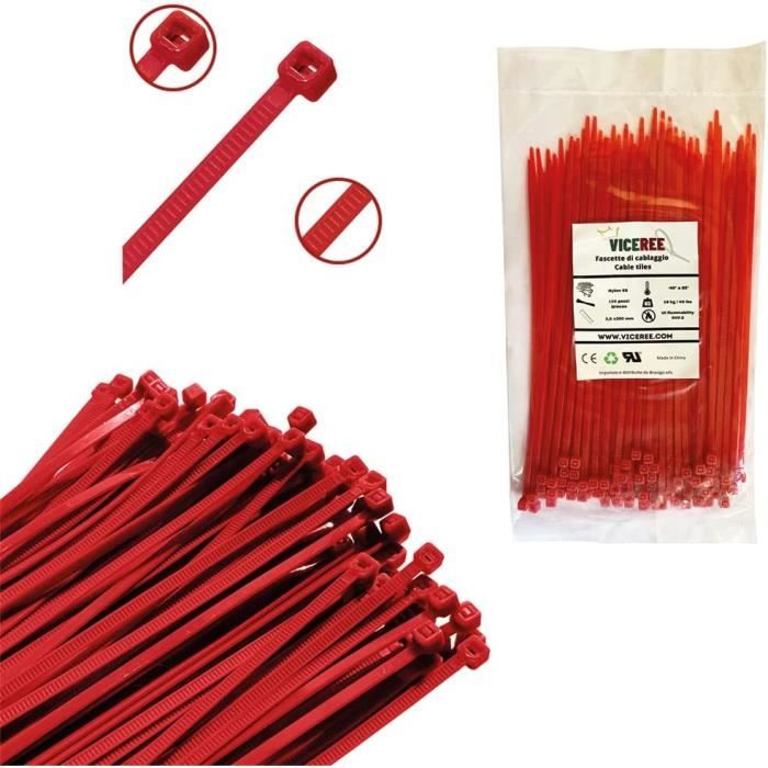 100 Colliers de Serrage Universels en Plastique, Rouge - 3.6x200mm ...