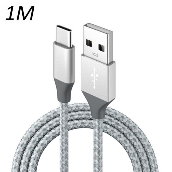 Cable Nylon Tressé Argent Type USB-C 1M pour Samsung galaxy A22 4G - A22 5G - A32 4G - A32 5G ...