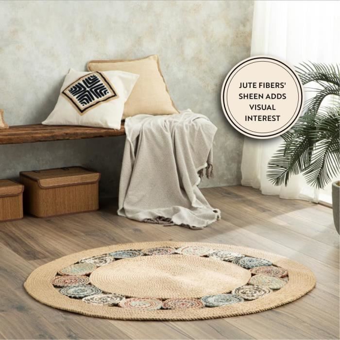 Salon Tapis Rond En Jute Tapis Décoratif Bohème, Beige Naturel Avec Cercle Multicolore, Tapis En ...