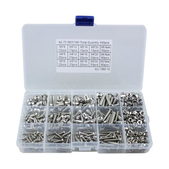 440pcs -Kit d'assortiment de boulons en acier inoxydable 304, M2 M3 M4 M5, vis à tête hexagonale ...