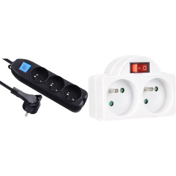 Bloc Multiprises 3 prises, interrupteur et fiche Plate 1,5m, noir ...