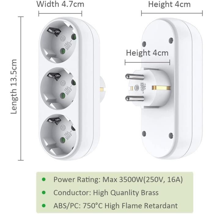 Prise Multiple, Multiprise Electrique Murale 3 Prises 16A-250V-Max ...
