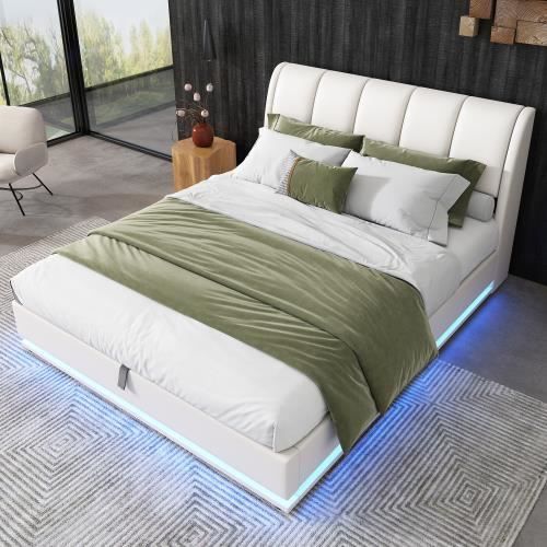 Lit adultes capitonné 140*200cm avec sommier à lattes LED en bois PU ...