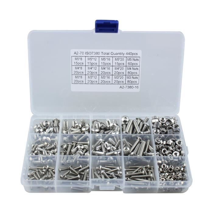440pcs -Kit d'assortiment de boulons en acier inoxydable 304, M2 M3 M4 M5, vis à tête hexagonale ...